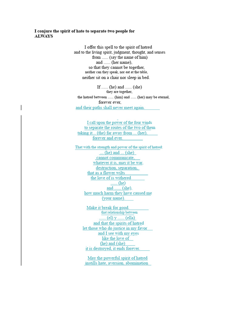 I conjure the spirit of hatred to separate two people forever. | PDF