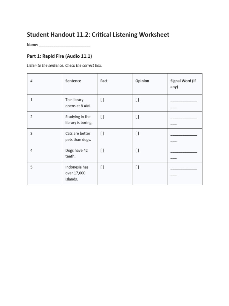 Critical Listening Worksheet for Students | PDF