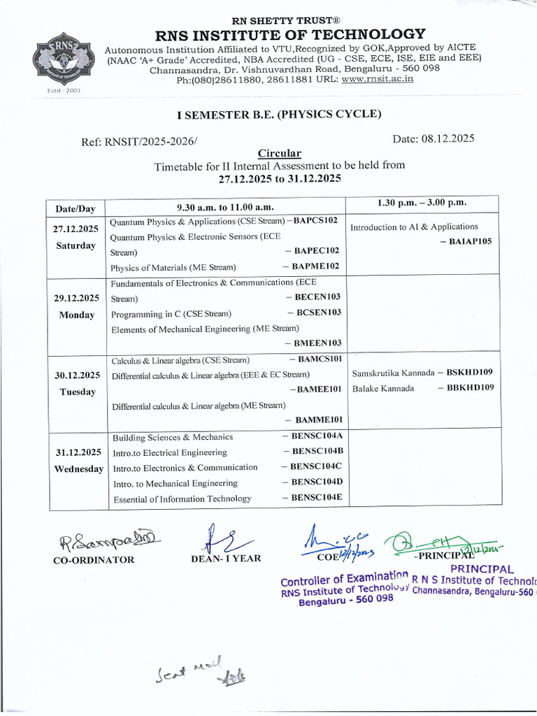 I Sem II IA Timetable | PDF