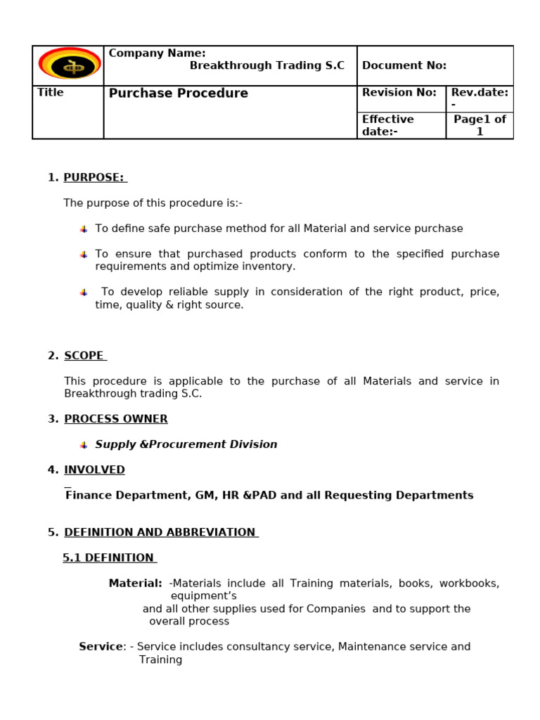 Breakthrough Trading Purchase Procedure | PDF | Procurement | Business