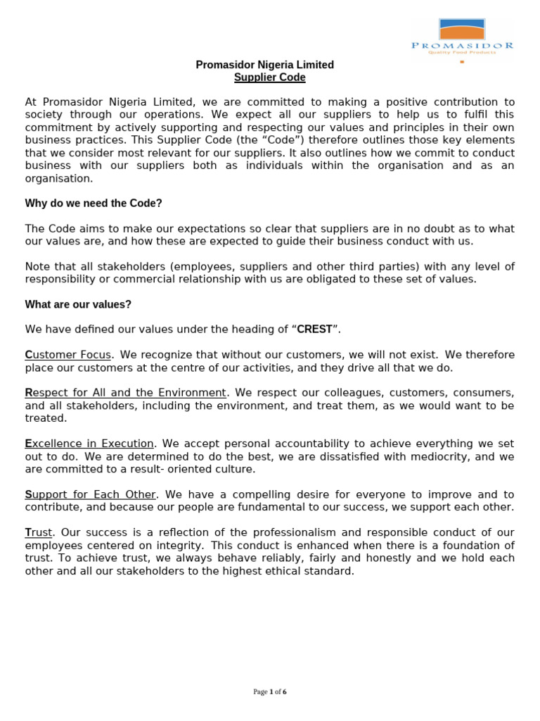 Promasidor Nigeria Supplier Code of Conduct | PDF | Conflict Of ...