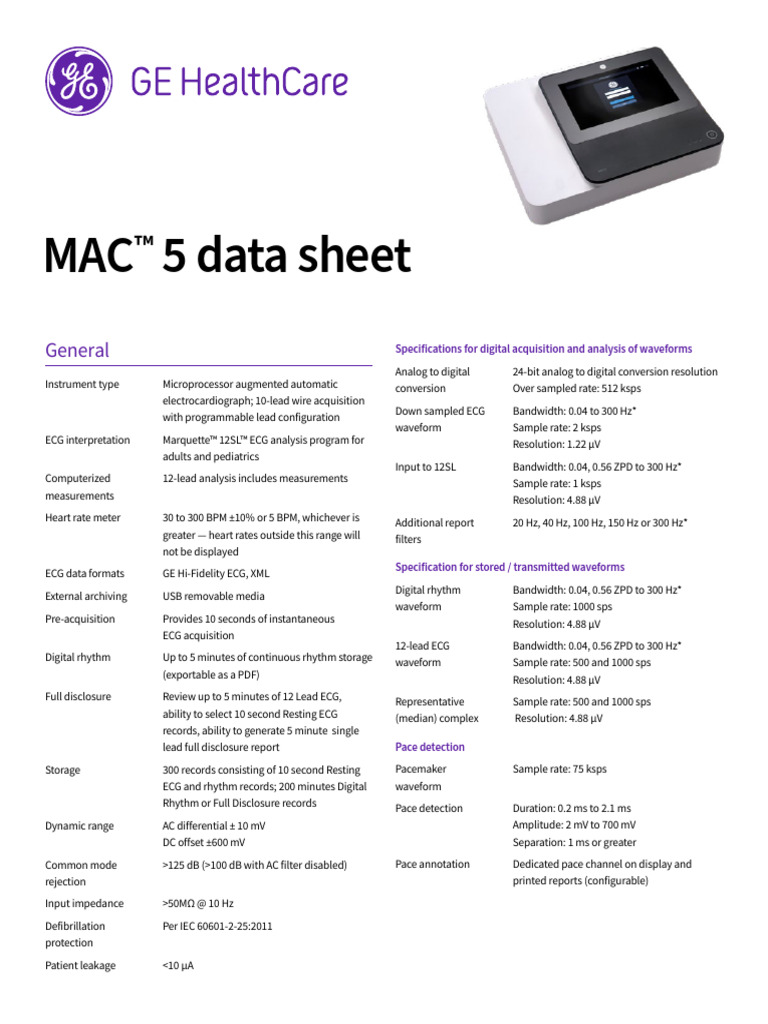 GE - MAC 5 - TDS - 2024 | PDF | Electrocardiography | Sampling (Signal ...