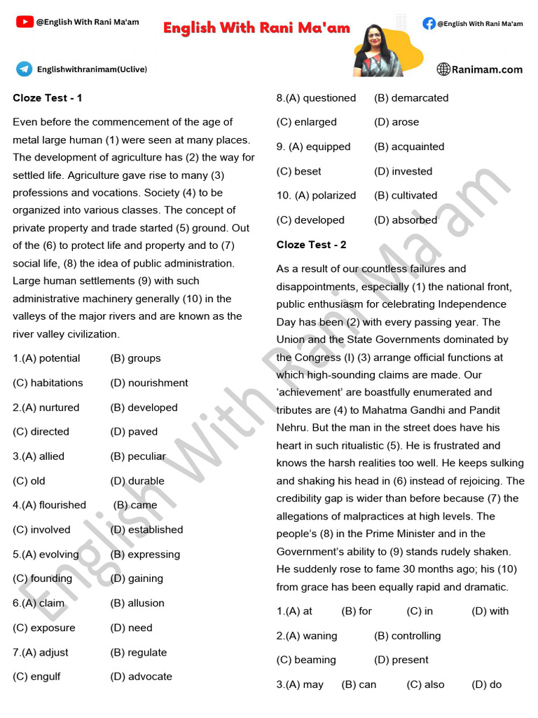 30. Mains Batch Class - 13 ( Cloze Test + PQRS ) | PDF | Diseases And ...