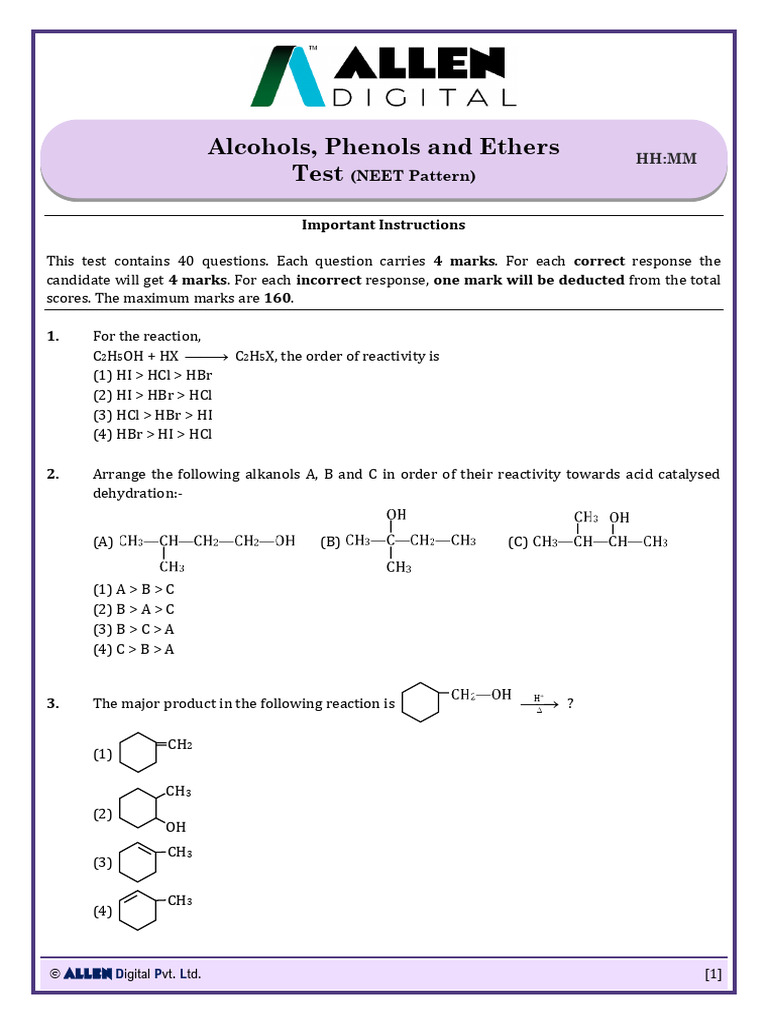 NEET Alcohols, Phenols, Ethers Test | PDF | Ether | Chemical Reactions