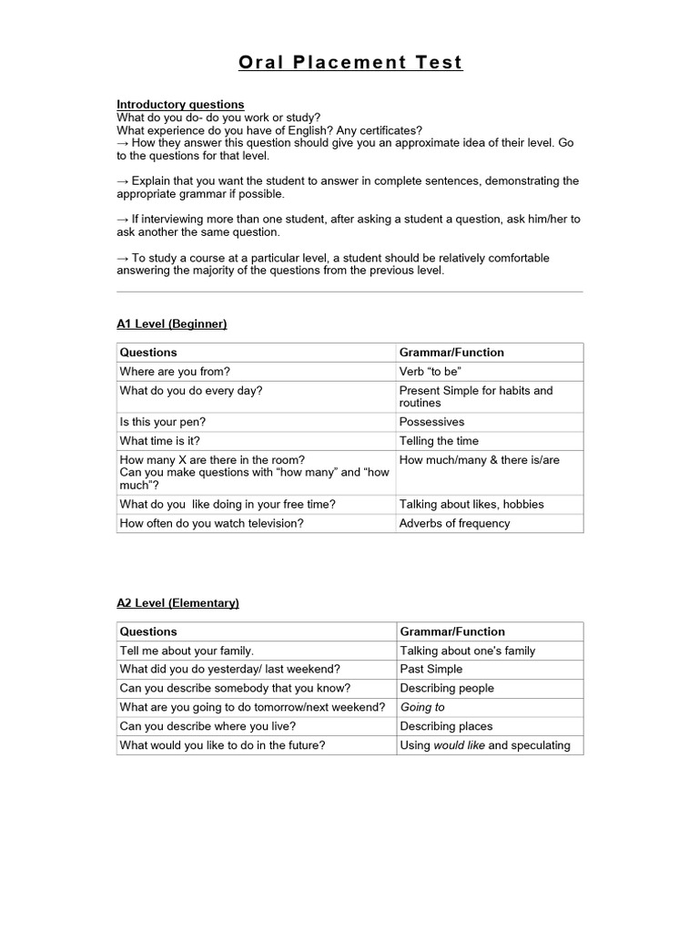 Oral Placement Test Questions Guide | PDF | Linguistic Typology | Syntax