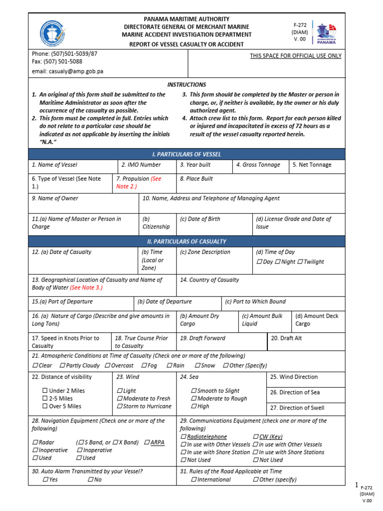 Vessel Casualty Report Form F-272 | PDF | Marine Propulsion | Watercraft