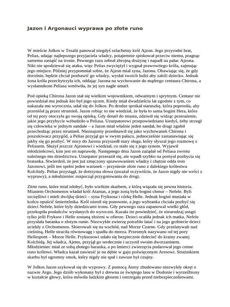 Jazon I Argonauci Wyprawa Po Złote Runo | PDF