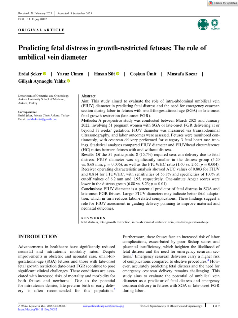 J of Obstet and Gynaecol - 2025 - C5-9Eeker - Predicting Fetal Distress ...
