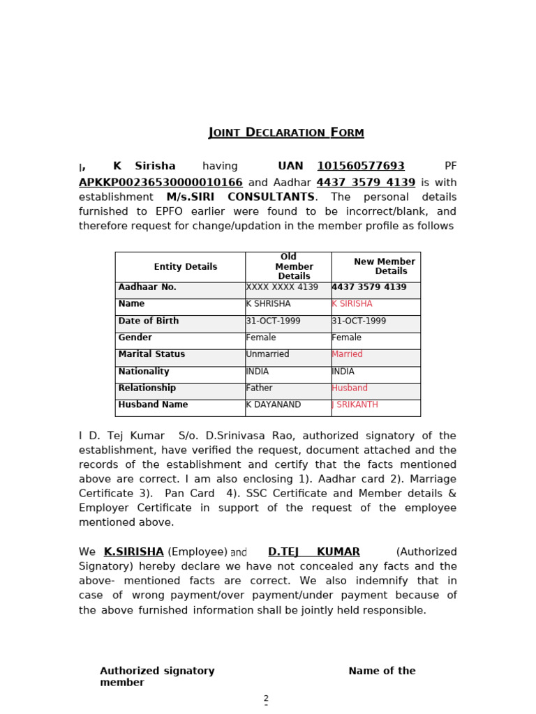 Epfo Joint Declaration | PDF