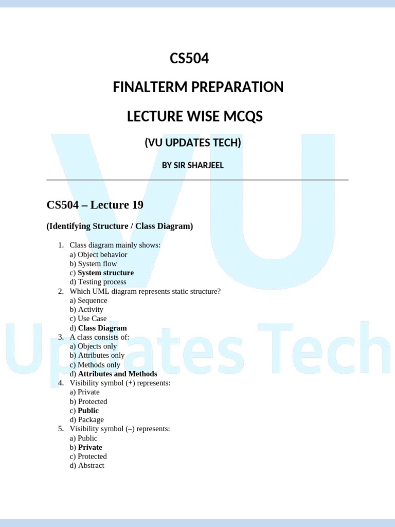 CS504 Finalterm MCQs: UML Diagrams Guide | PDF | Class (Computer ...