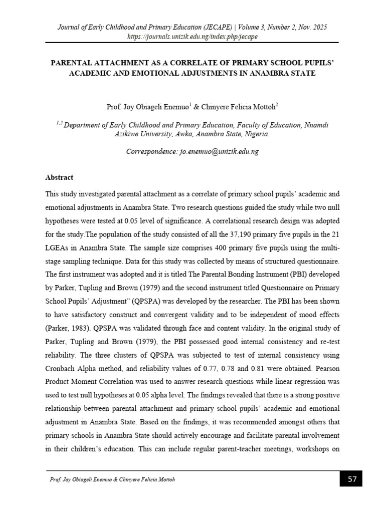 Parental Attachment As A Correlate of Primary School Pupils' Academic ...
