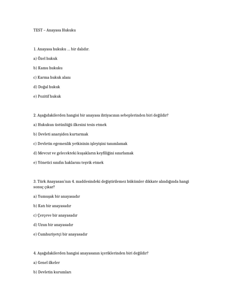 Anayasa Hukuku Test | PDF