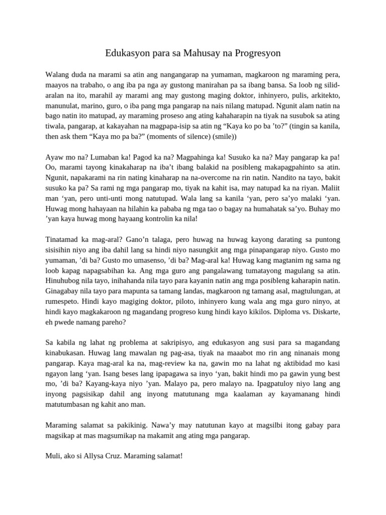 Edukasyon para sa Mahusay na Progresyon | PDF