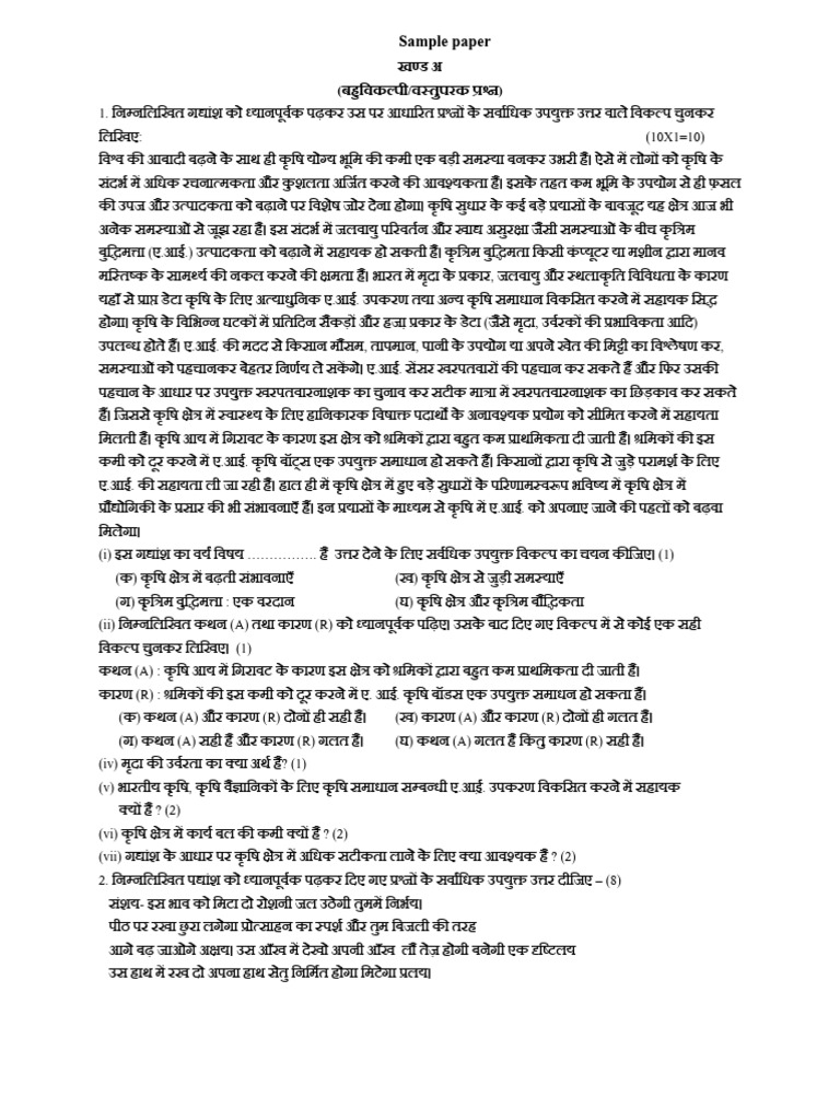 Sample Paper Hindi | PDF