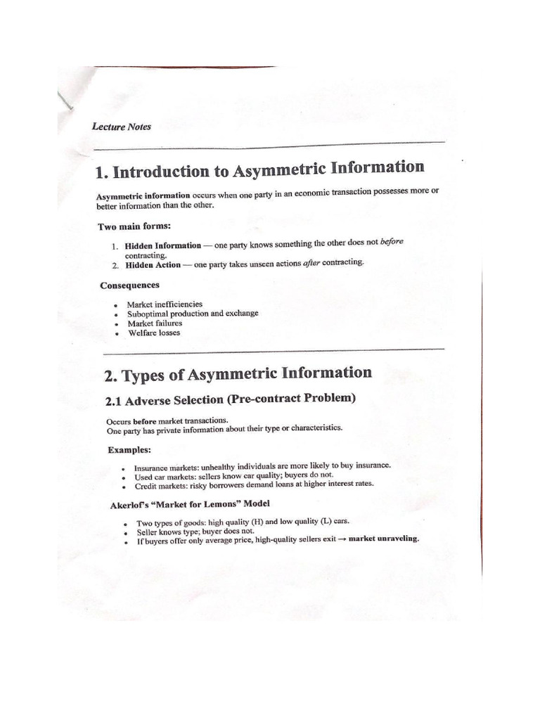 Asymmetric Information Notes | PDF