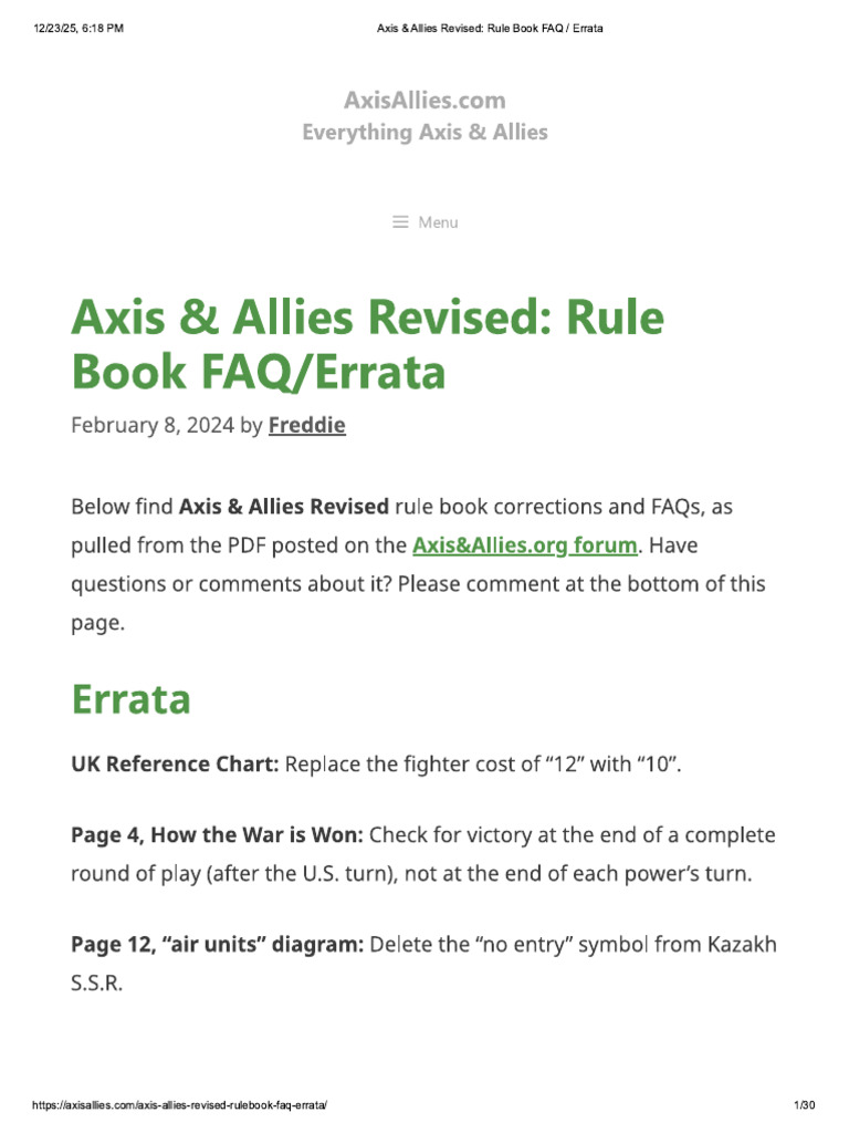 Axis & Allies Revised_ Rule Book FAQ _ Errata | PDF