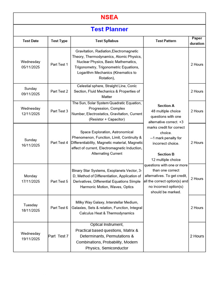 NSEA Test Planner_05-11-2025_to_21-11-25 | PDF | Physics | Physical ...