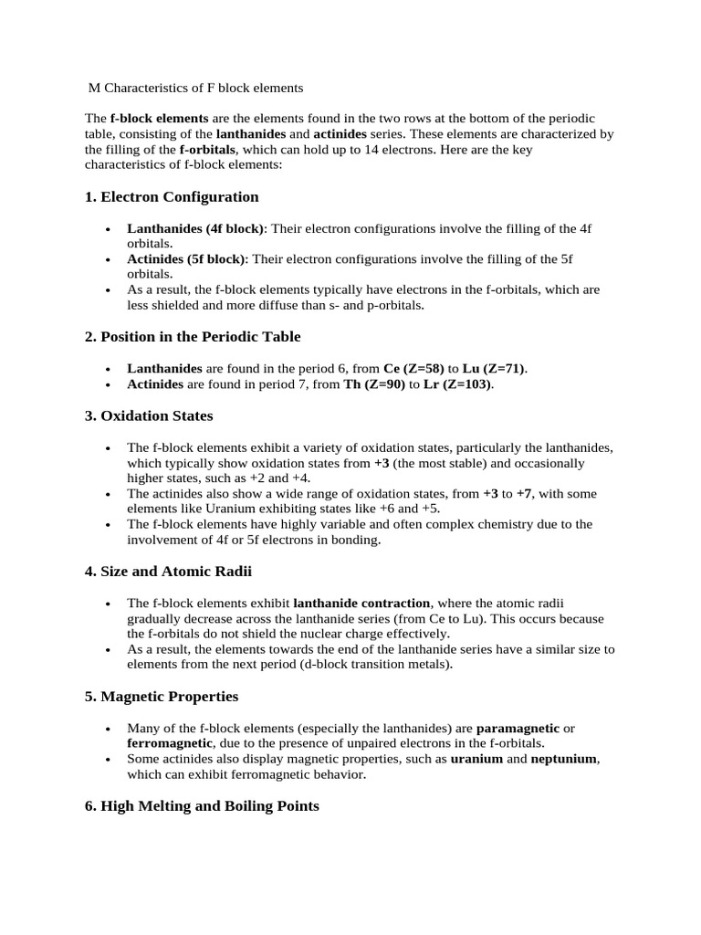 Characteristics of F Block Elements Overview | PDF | Lanthanide | Actinide