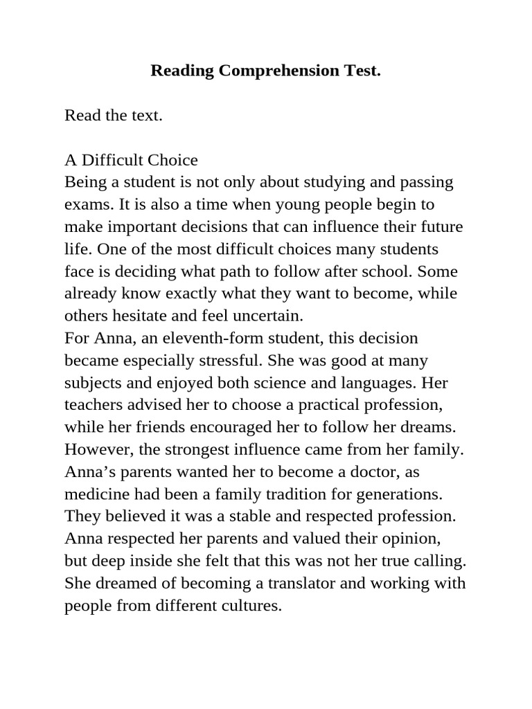 Reading Comprehension Test. 11 Form | PDF | Reading Comprehension ...