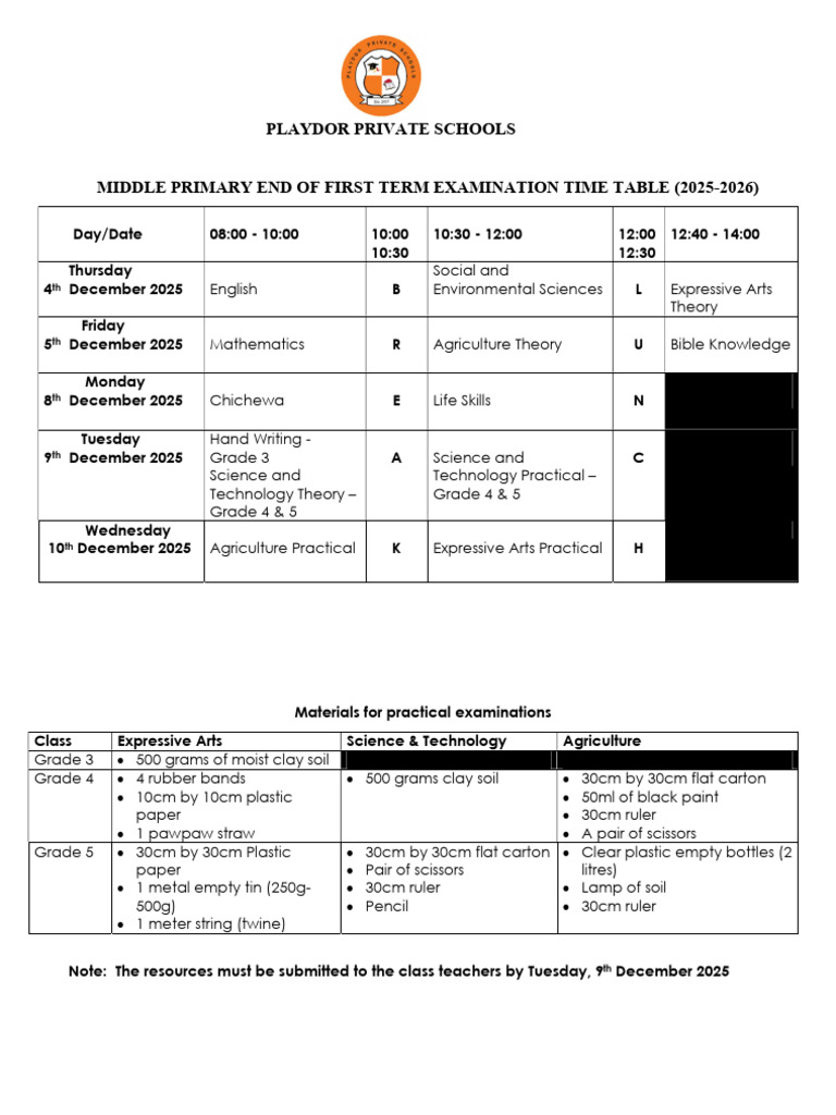 Middle Primary End of First Term Examination Time Table For 2025 - 2026 ...