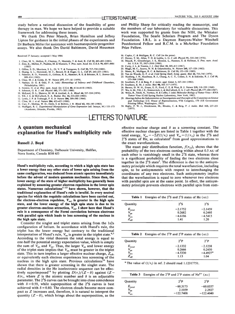 A Quantum Mechanical Explanation for Hund's Multiplicity Rule | PDF