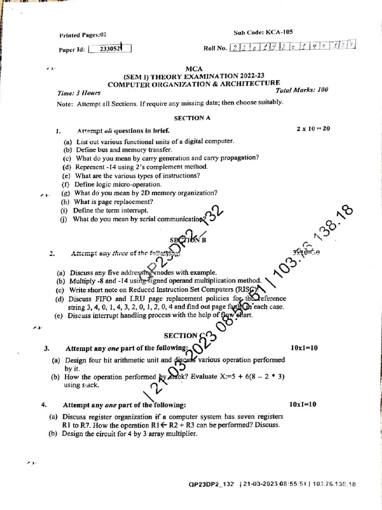 COA Question Paper Previous Year | PDF | Central Processing Unit | Bit