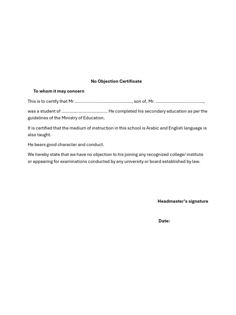No Objection Certificate for Student | PDF