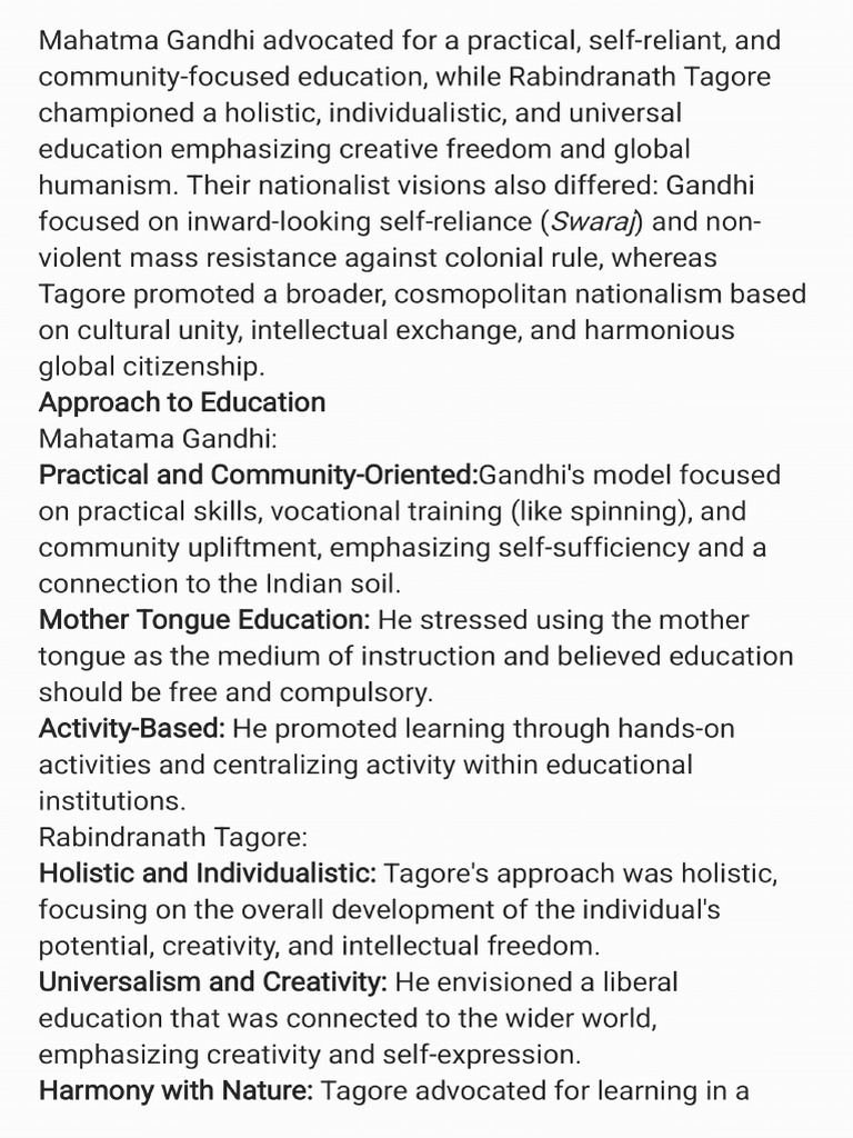 Mahatma Gandhi & Rabindranath Tagore's Approach Towards Education | PDF