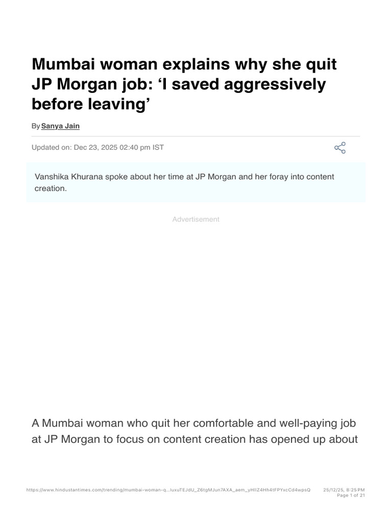 Mumbai Woman Explains Why She Quit JP Morgan Job - I Saved Aggressively ...