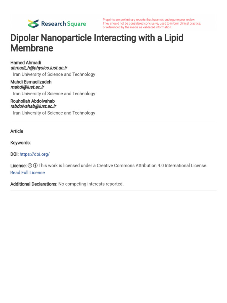Dipolar Nanoparticle Interacting With A Lipid Memb | PDF | Dipole ...