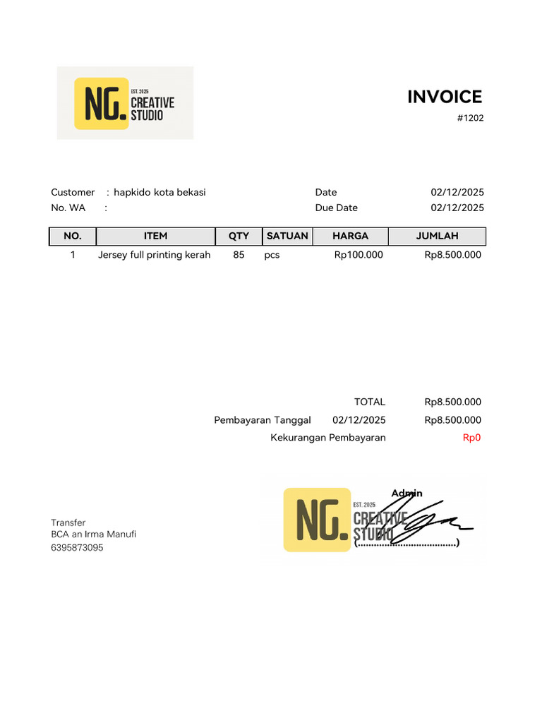 Invoice Pembelian Jersey Hapkido Bekasi | PDF