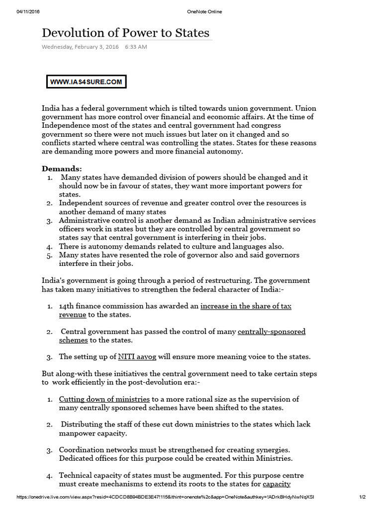 Devolution Of Power To States | Pdf | Governance | Political Science
