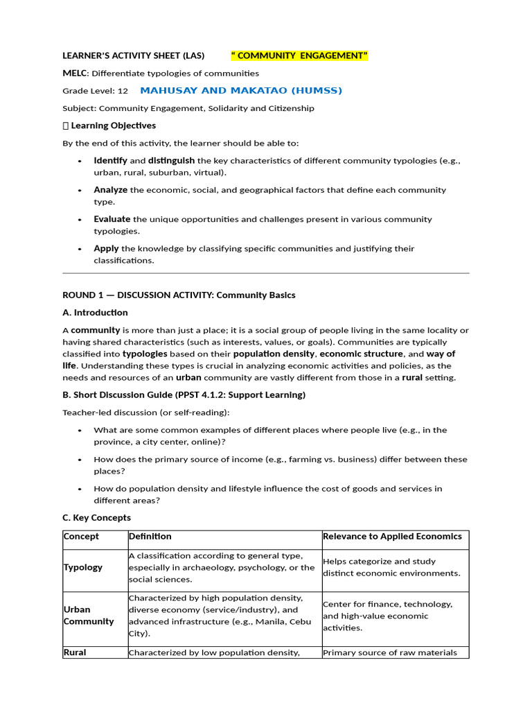 Community Engagement Activity Sheet | PDF | Cost Of Living | Community
