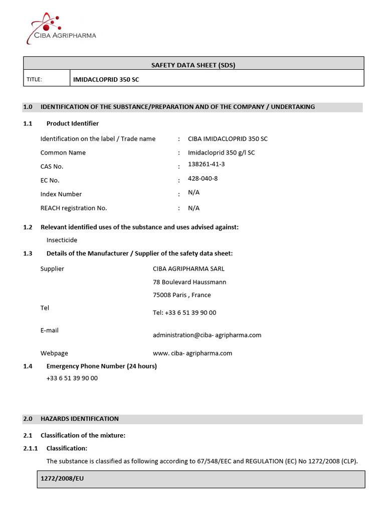 Sds Ciba Imidacloprid 350 SC | PDF | Dangerous Goods | Toxicity