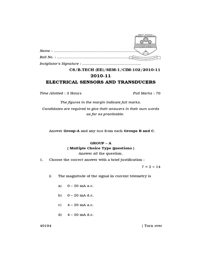 Btech All 2 Sem Electrical Sensors and Transducers 2010 | PDF ...