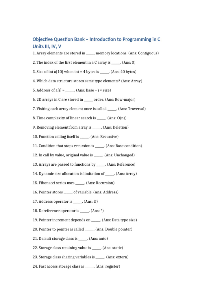 Objective Question Bank C Units 3 4 5 | PDF | Pointer (Computer ...
