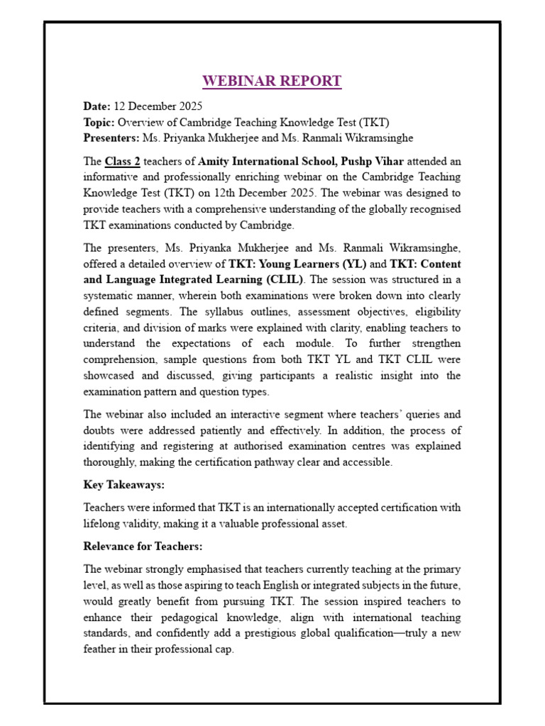 TKT Webinar Report Class 2 | PDF