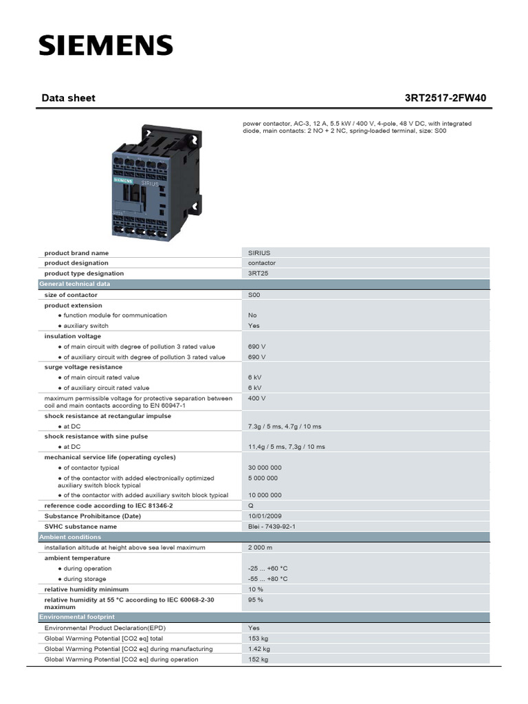 Siemens Contactors A700000007232152 | PDF | Direct Current | Inductor