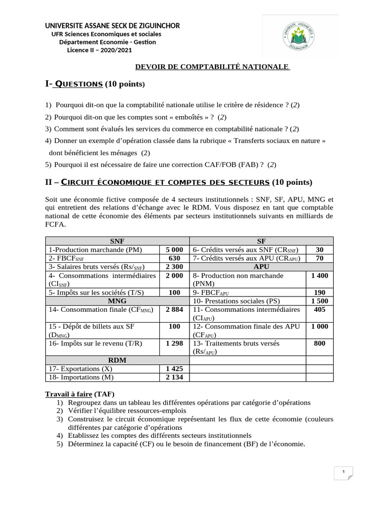 Devoir de Comptabilité Nationale 2021 | PDF | Comptabilité nationale ...