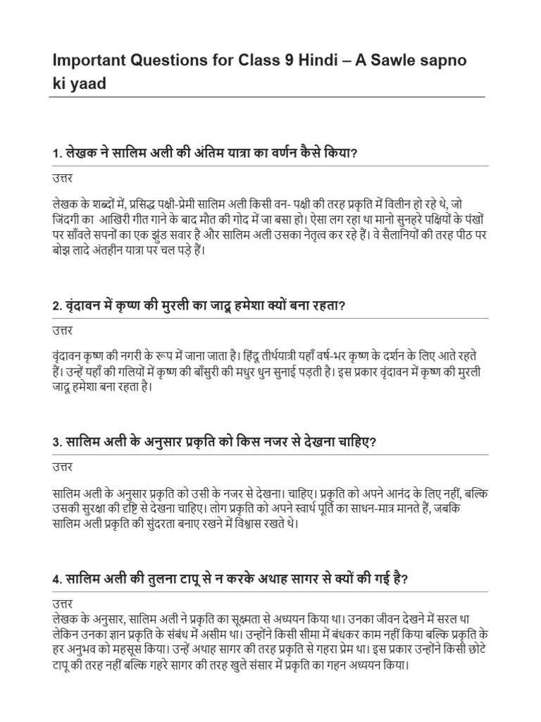 Class 9 Chapter 4 Kshitij Important Question | PDF