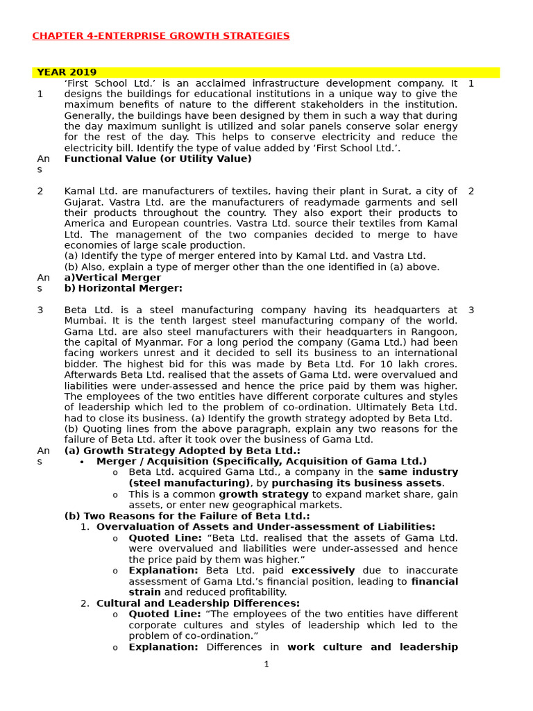 Cbse QB CH 4 Enterprise Growth Strategies | PDF | Franchising | Mergers ...