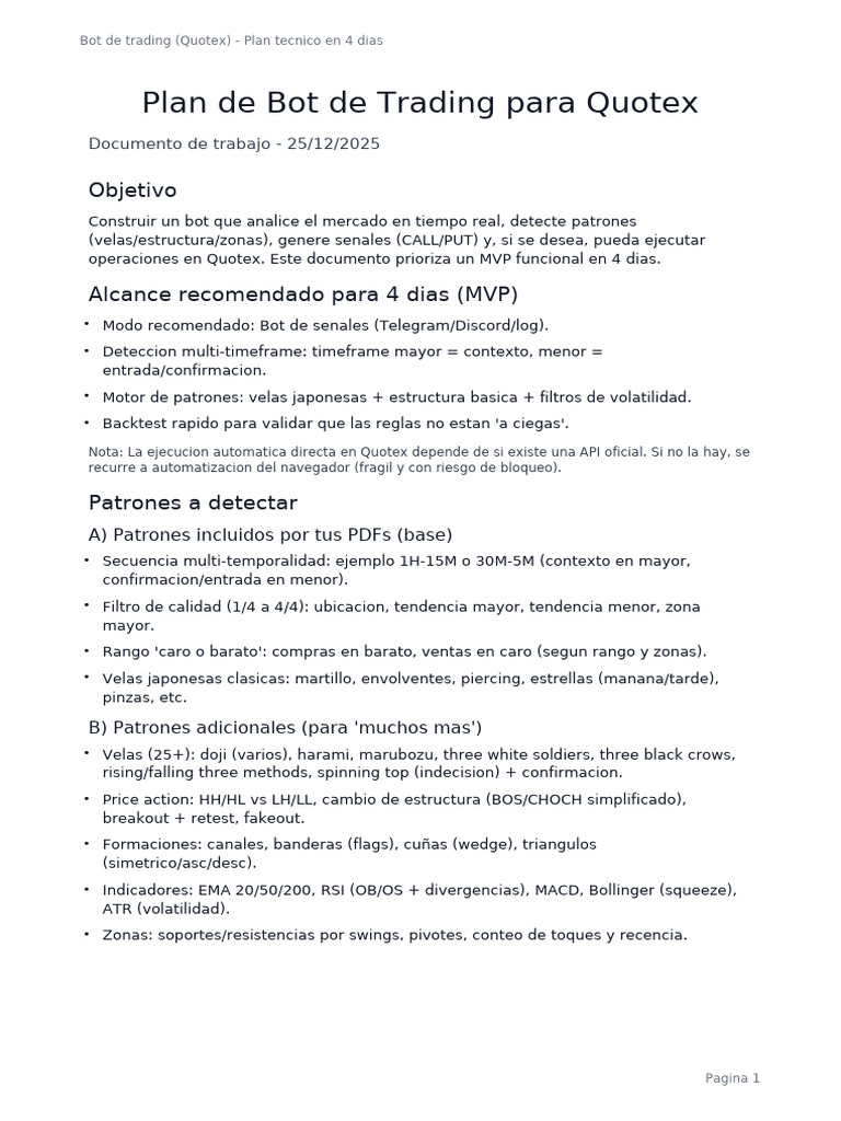 Bot de Trading Quotex: Plan en 4 Días | PDF