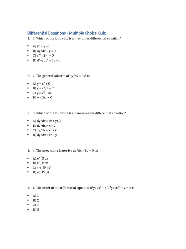 Differential Equations Quiz Questions | PDF | Ordinary Differential ...
