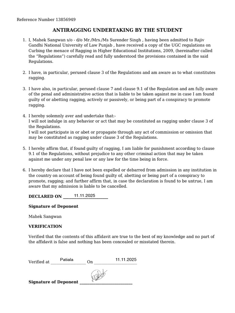Anti Ragging Affidavit Form | PDF