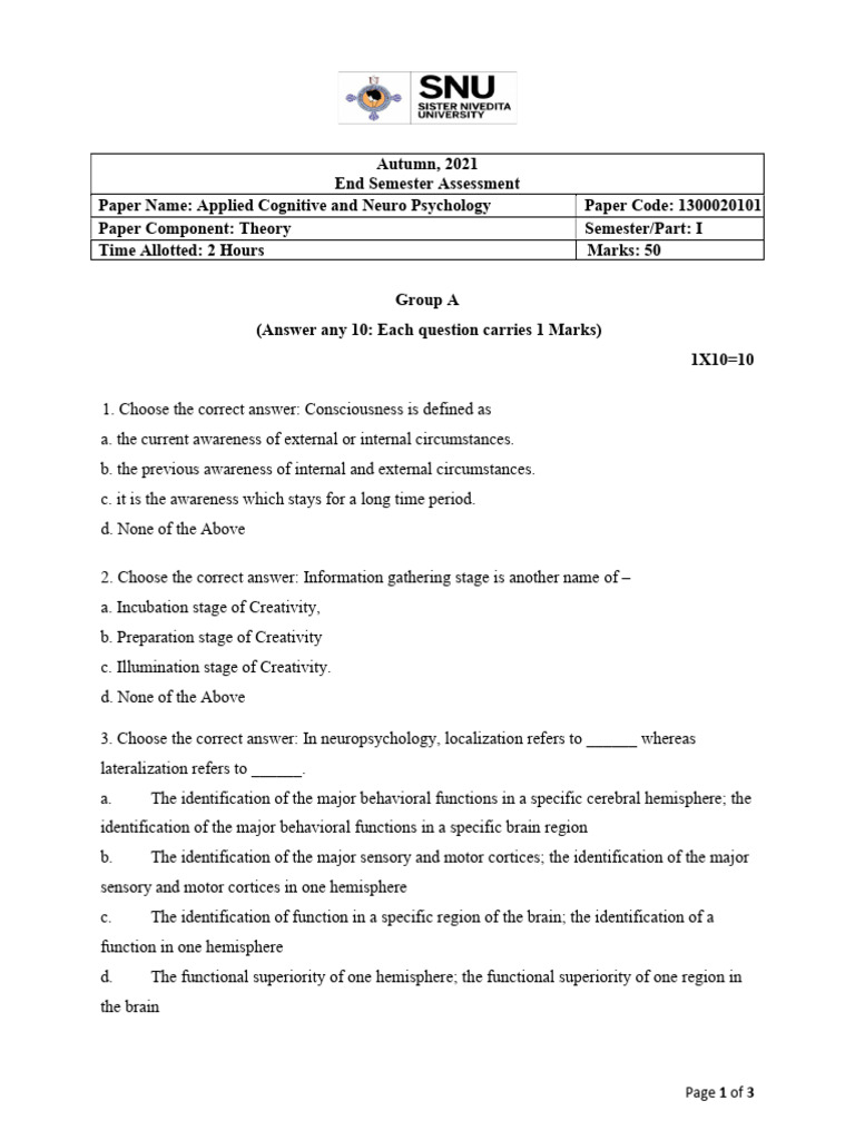 Applied Cognitive Psychology Exam 2021 | PDF | Awareness | Creativity