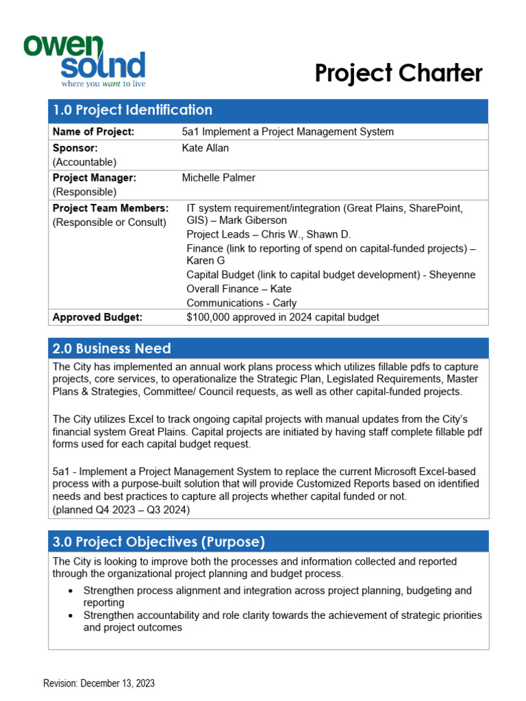 Project Charter 5a1 Implement a Project Management System | PDF ...