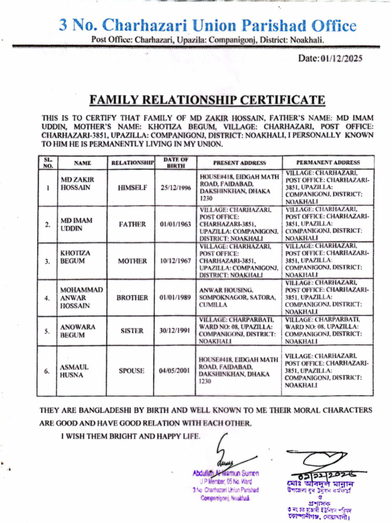 Family Relationship Certificate_Md Zakir Hossain | PDF