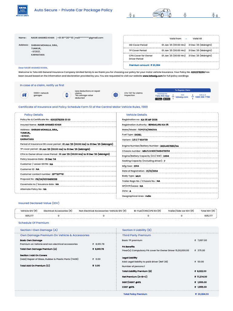 Tata AIG Motor Policy Schedule 3184 6202378259 | PDF | Insurance ...