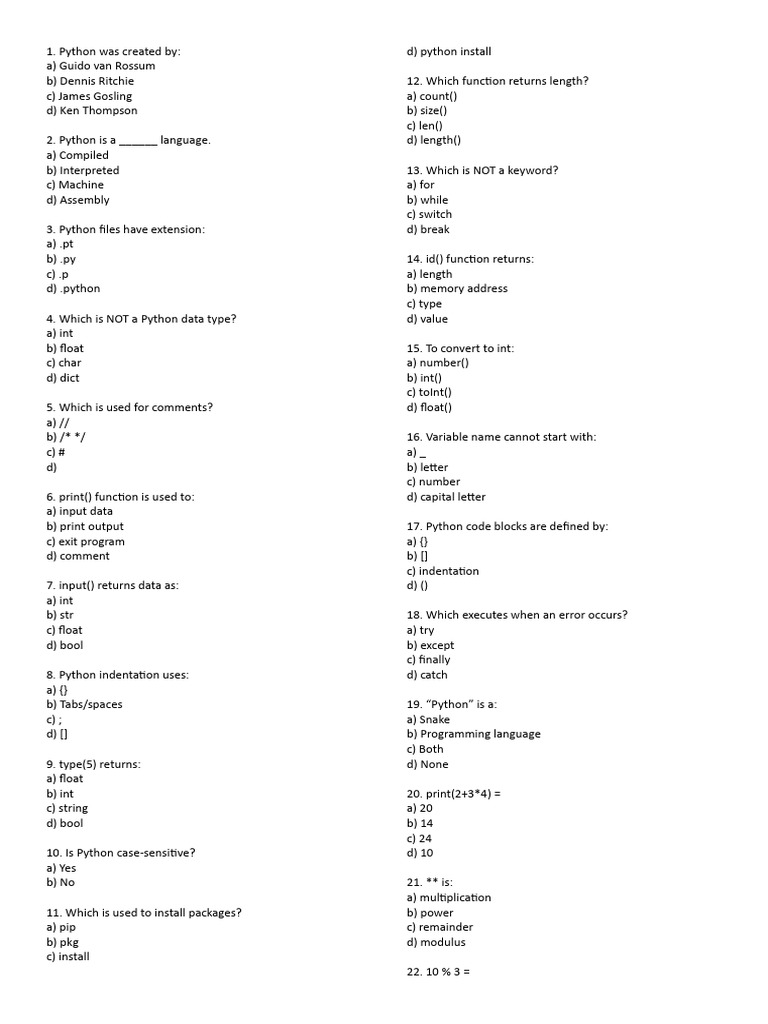 python 100 mcq list tuple dict loop operator | PDF | Python ...