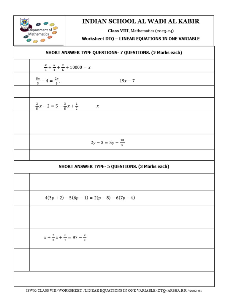 3201861-Cl 8 Ws 2 Linear Equations (DTQ) Arsha.k.r. 2023-24 | PDF ...